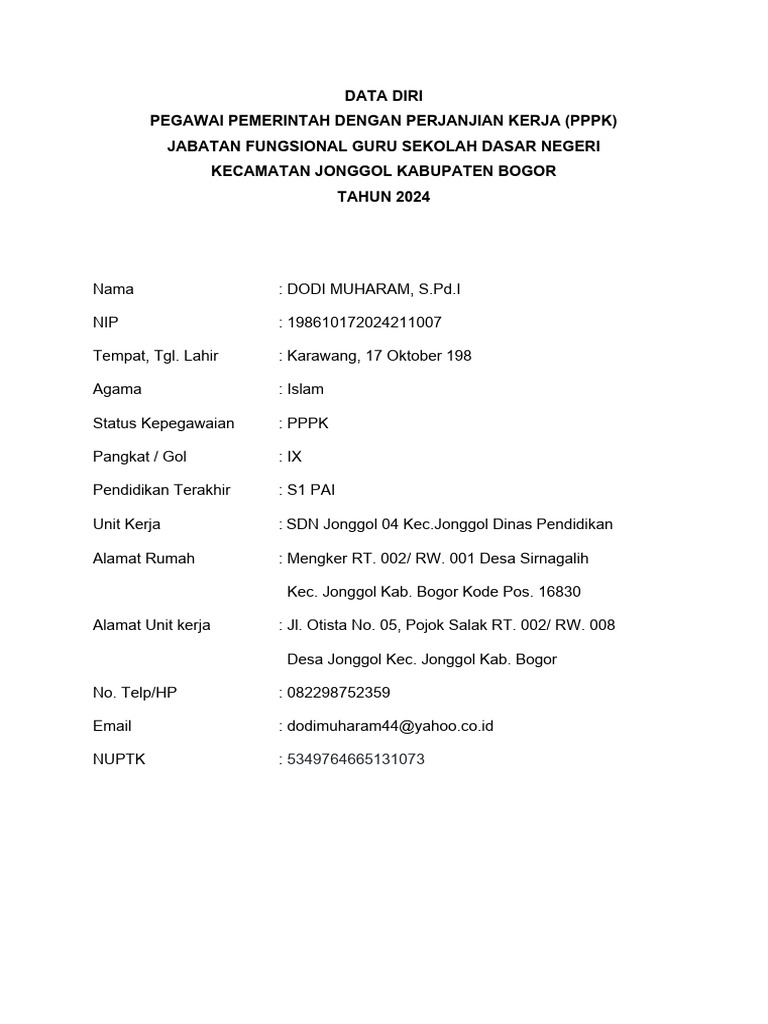 Format Data Diri PPPK 2024 | PDF