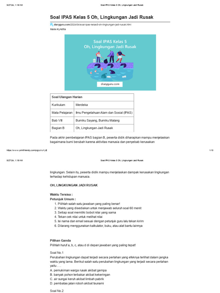 Soal IPAS Kelas 5 Oh, Lingkungan Jadi Rusak | PDF