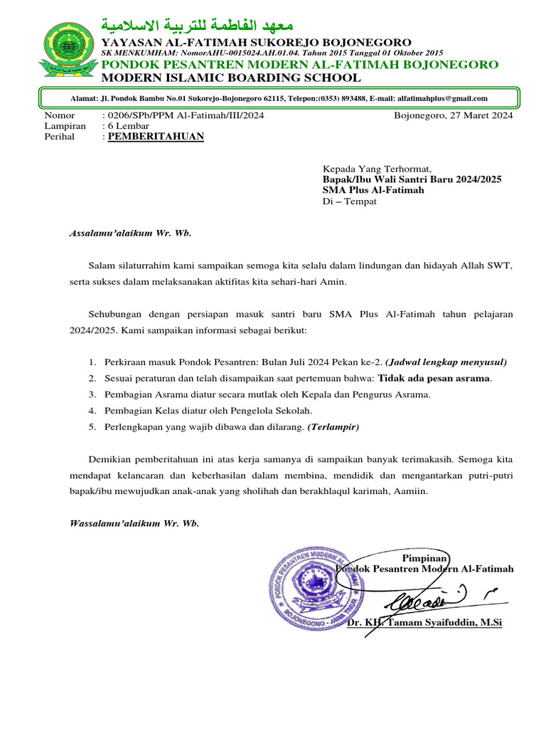 Pemberitahuan Santri Baru SMA 2024-2025 | PDF