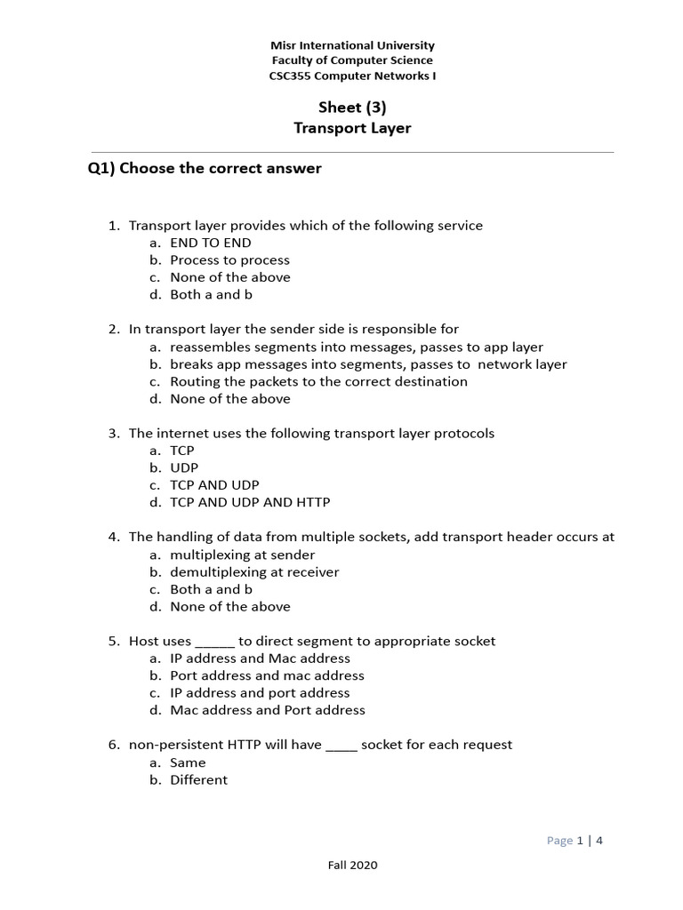 Sheet 3-Transport Layer | PDF | Transmission Control Protocol | Port (Computer Networking)