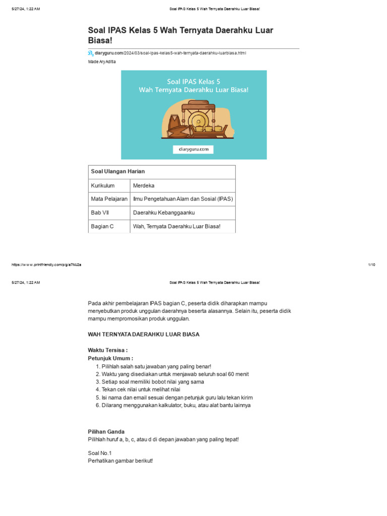 Soal IPAS Kelas 5 Wah Ternyata Daerahku Luar Biasa! | PDF