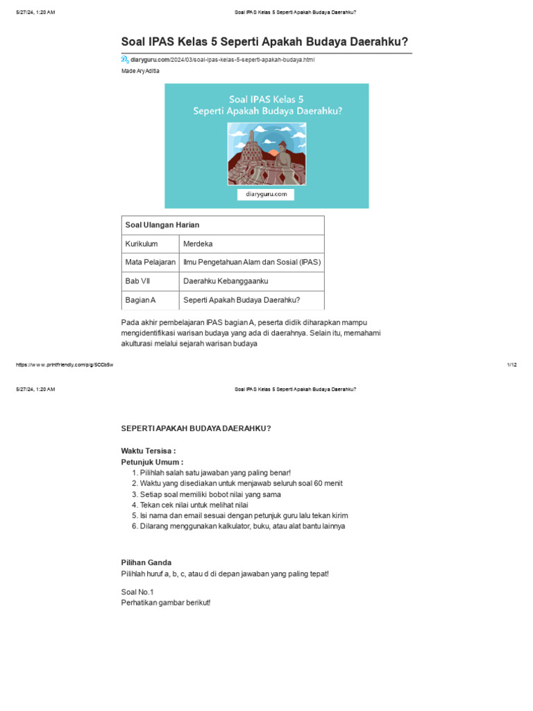 Soal IPAS Kelas 5 Seperti Apakah Budaya Daerahku | PDF
