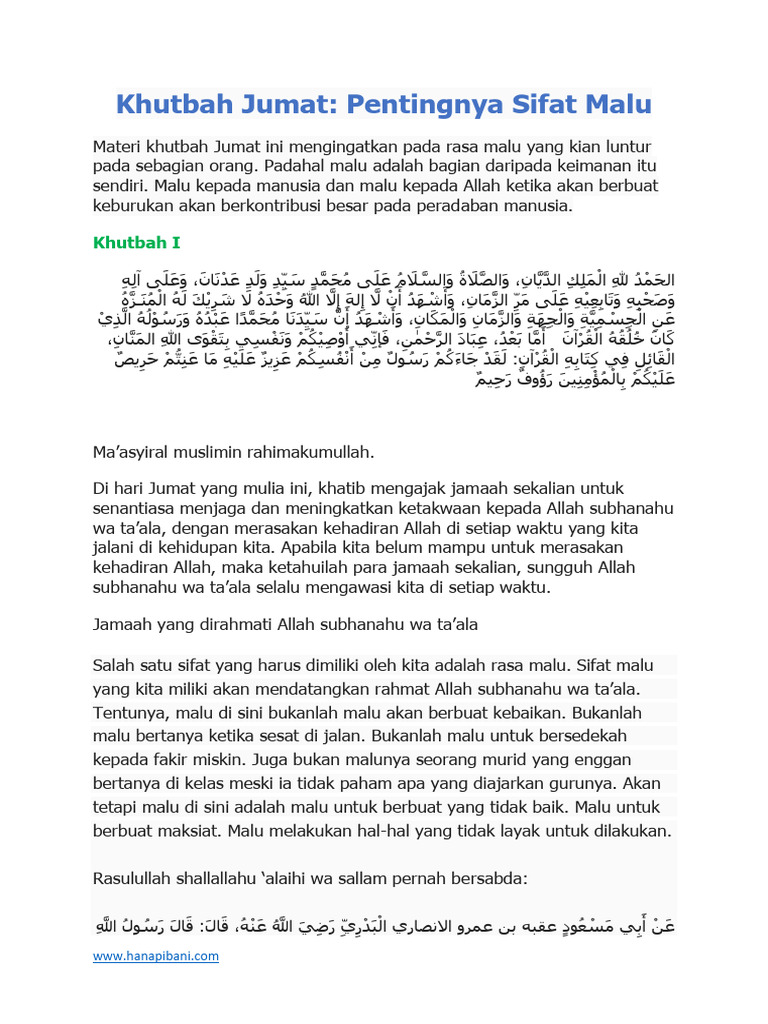 Khutbah Jumat: Pentingnya Rasa Malu | PDF