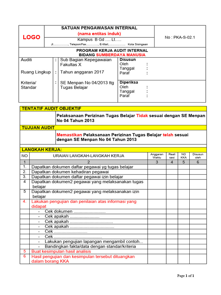 Form 2 - Program Kerja Audit (Contoh) - PENTING | PDF