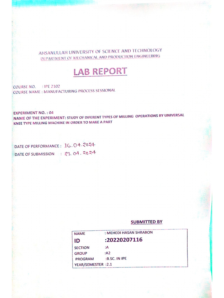 Milling Machine Lab report | PDF