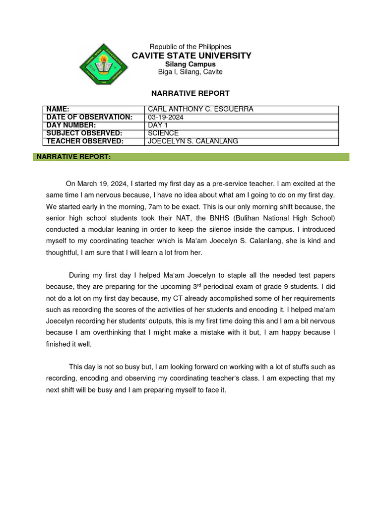 Pre-Service Teaching Narrative Report | PDF | Teachers | Cognition
