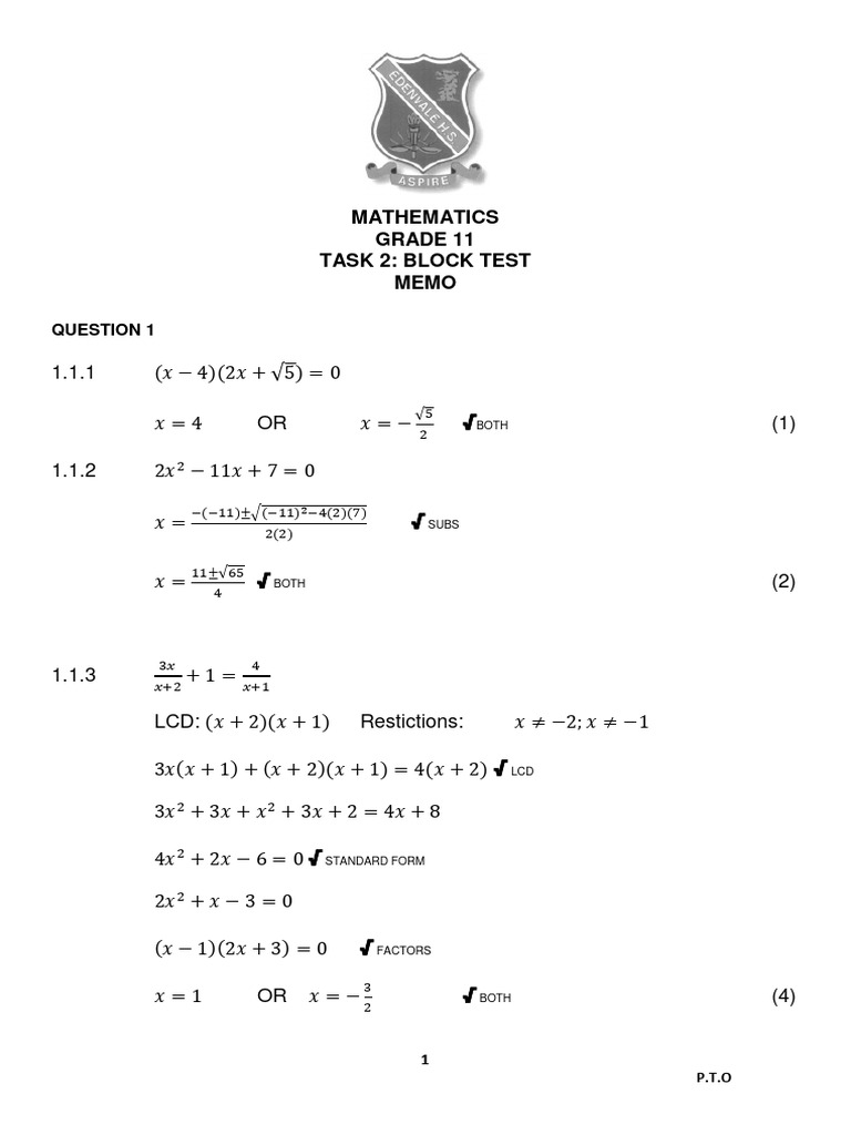 MATHEMATICS Grade 11 TASK 2 2022 MEMO | Download Free PDF | Elementary ...