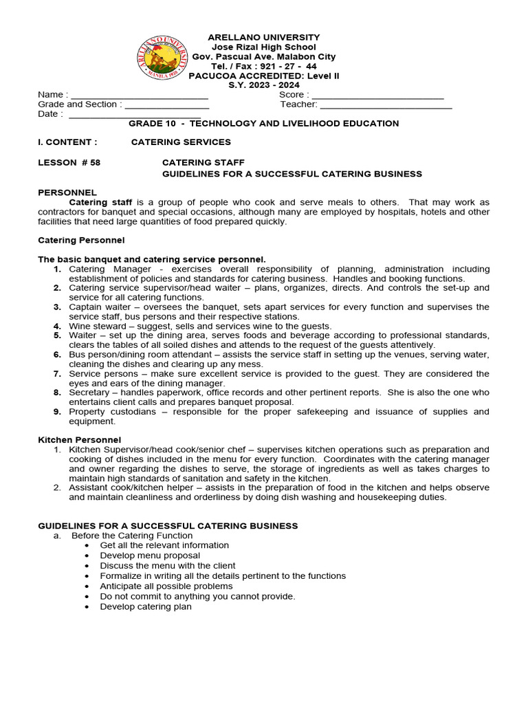 Grade 10 Lesson 58 Personnel Guideline Successful Catering Business Au Jrhs Mrs Pag Asa Merto MR ...