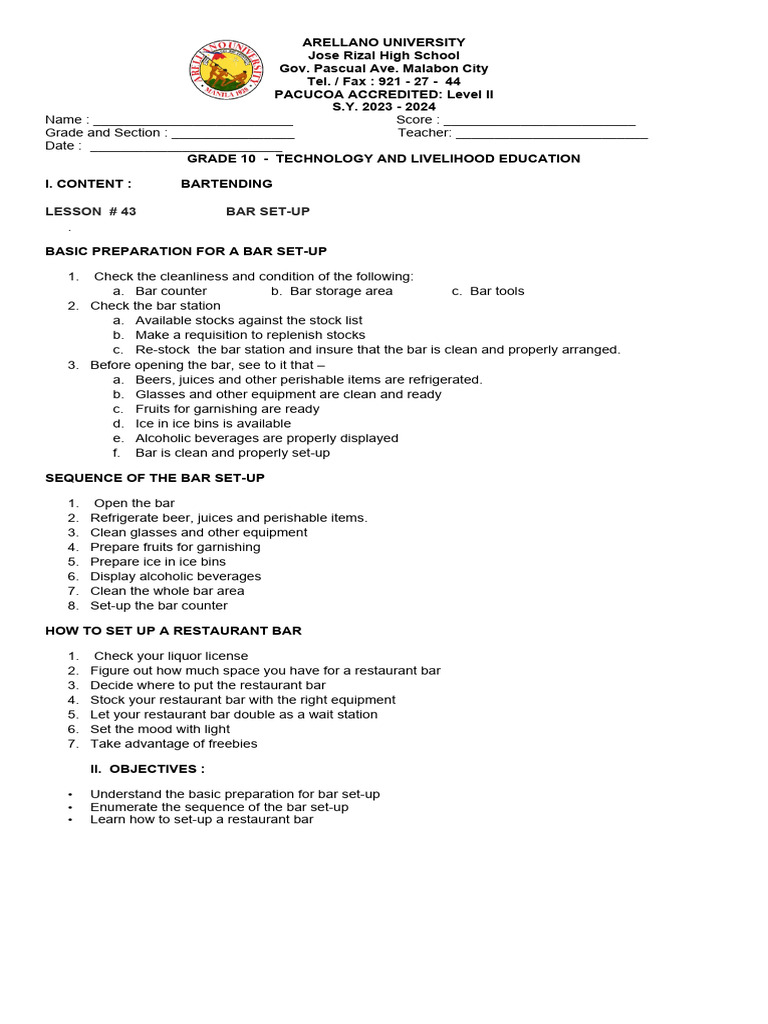 Grade 10 Lesson 43 - Basic Bar Preparation - Au JRHS MRS Pag-Asa Merto ...