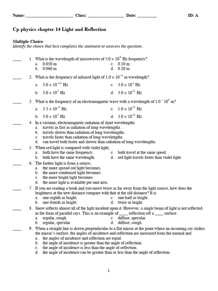 CP Physics Chapter 14 Light and Reflection PDF | PDF | Mirror | Light