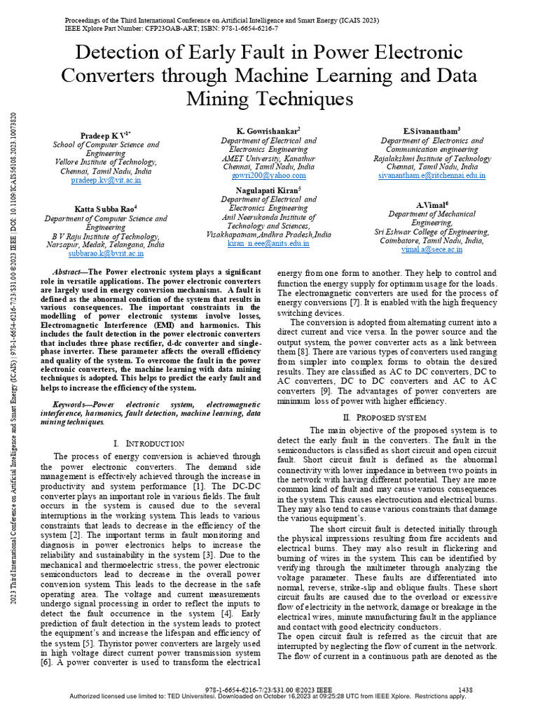 Detection of Early Fault in Power Electronic Converters Through Machine Learning and Data Mining ...