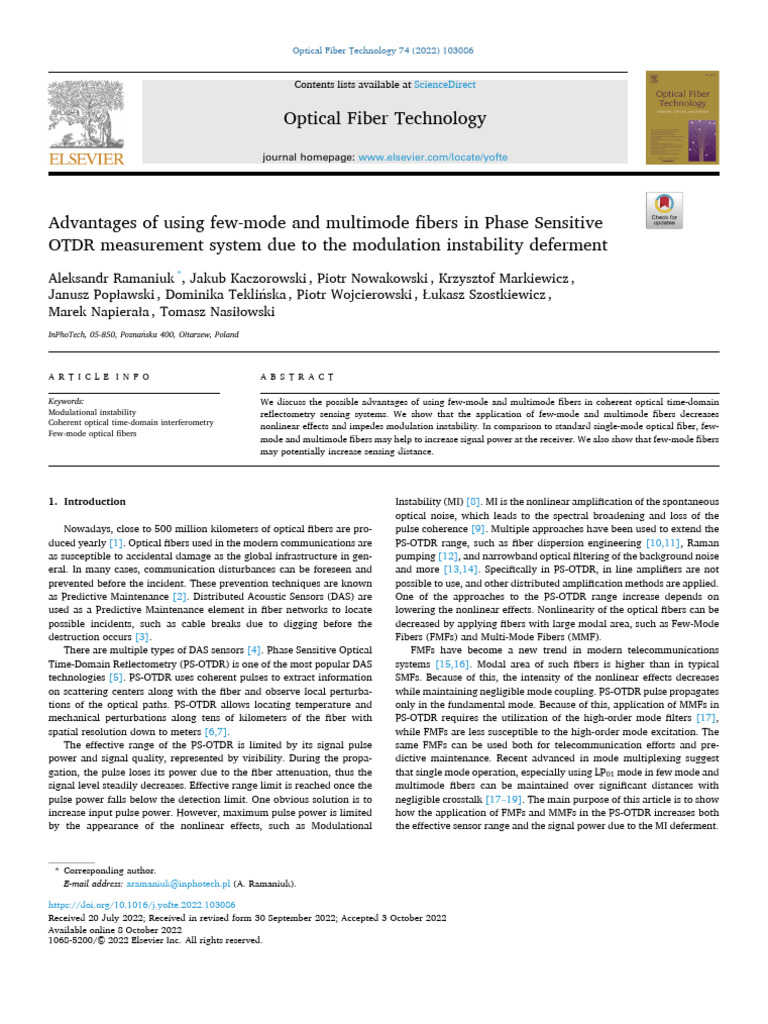 Ramaniuk2022 - Advantages of Using Few-Mode and Multimode Fibers in Phase Sensitive OTDR ...