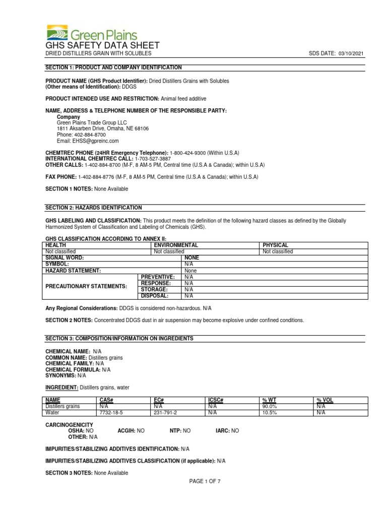 SDS_Distillers-Grain-Dry-Solubles_2021-03a | PDF | Dangerous Goods ...