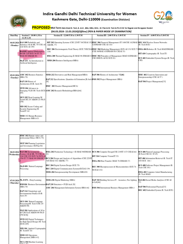 PROPOSED_ Date sheet for Mid-Term Examination. March 2024 | PDF ...