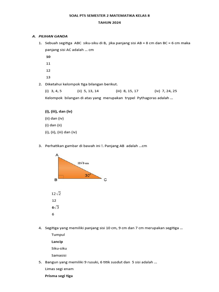 Soal PTS Semester 2 Matematika Kelas 8 2024 | PDF