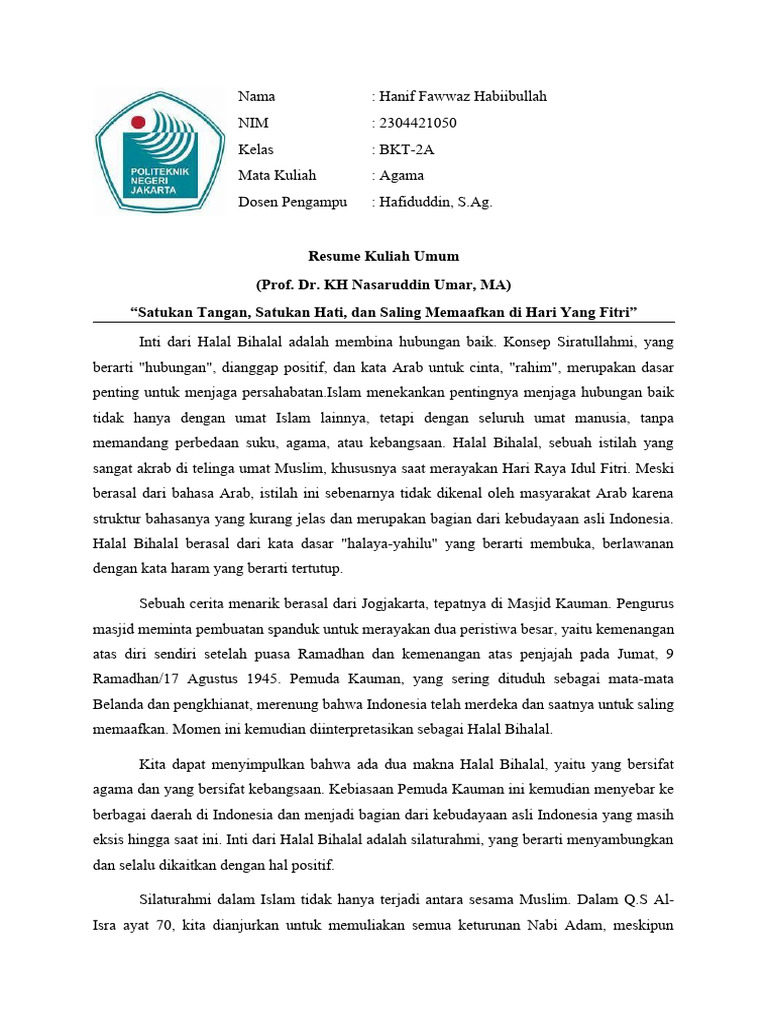 Hanif Fawwaz Habiibullah - BKT 2A - Resume Kulum | PDF | Agama & Spiritualitas
