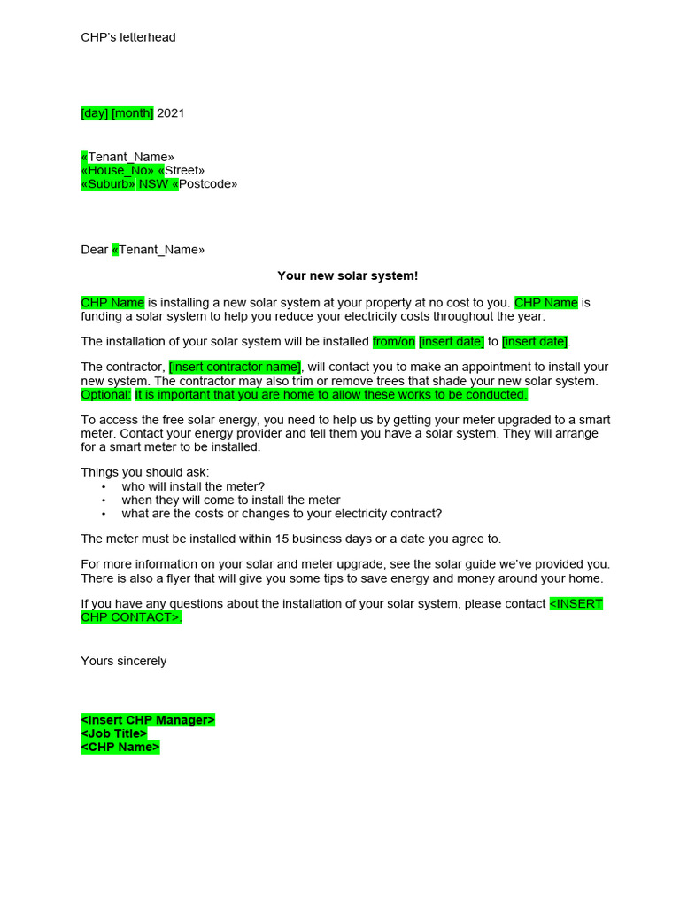 TemplateTenantLetter Solar Accessible | PDF | Technology & Engineering