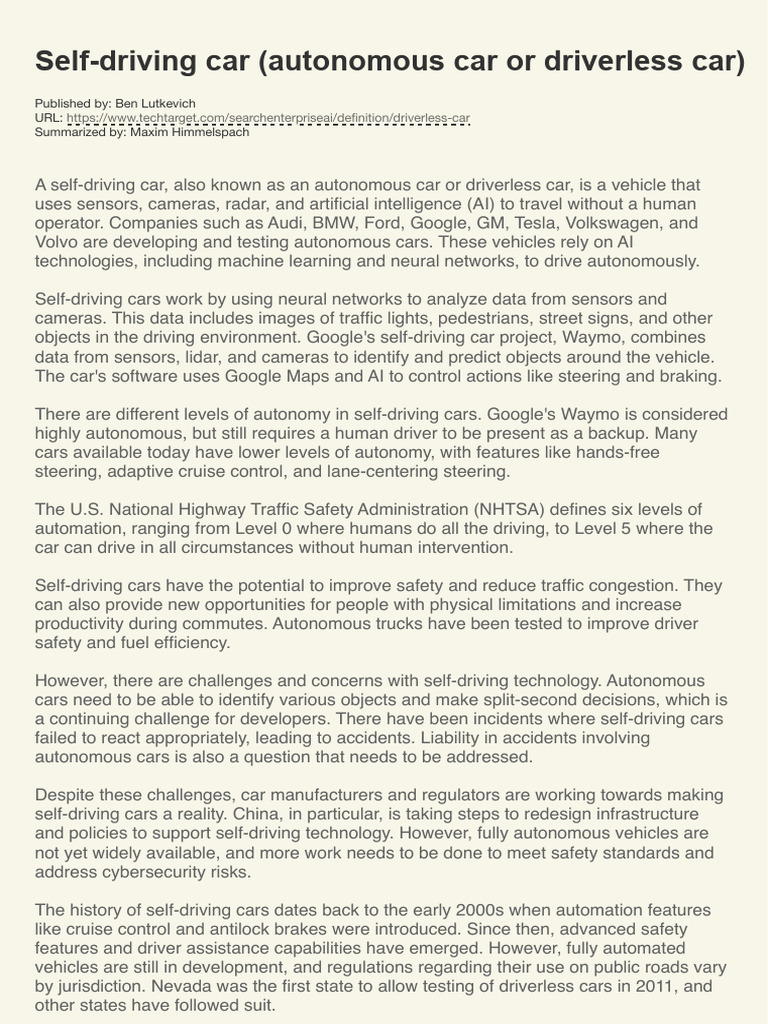 Self Driving Car Summary | PDF | Waymo | Land Vehicles