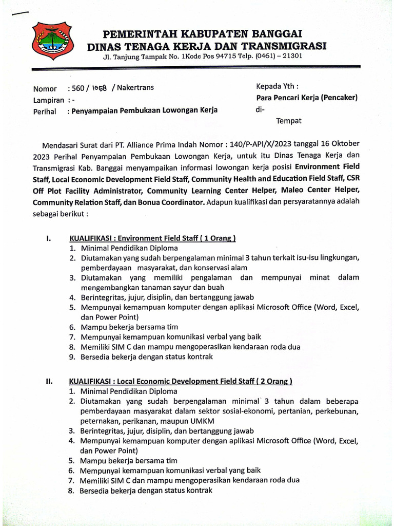 Lowongan Kerja PT. ALLIANCE PRIMA INDAH | PDF