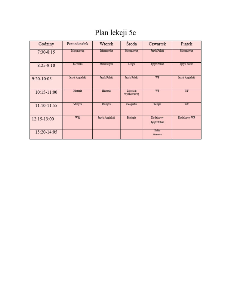 Plan Lekcji 5C | PDF