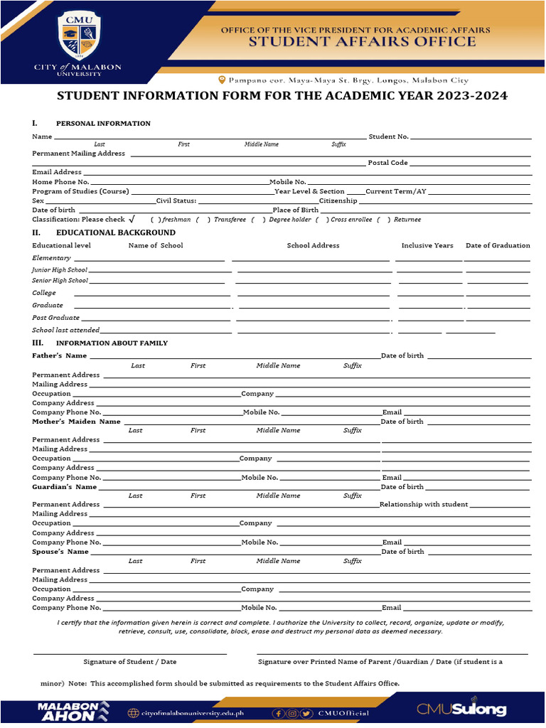 Crim 2a Student Information Form For The Academic Year 2023 2024 | PDF