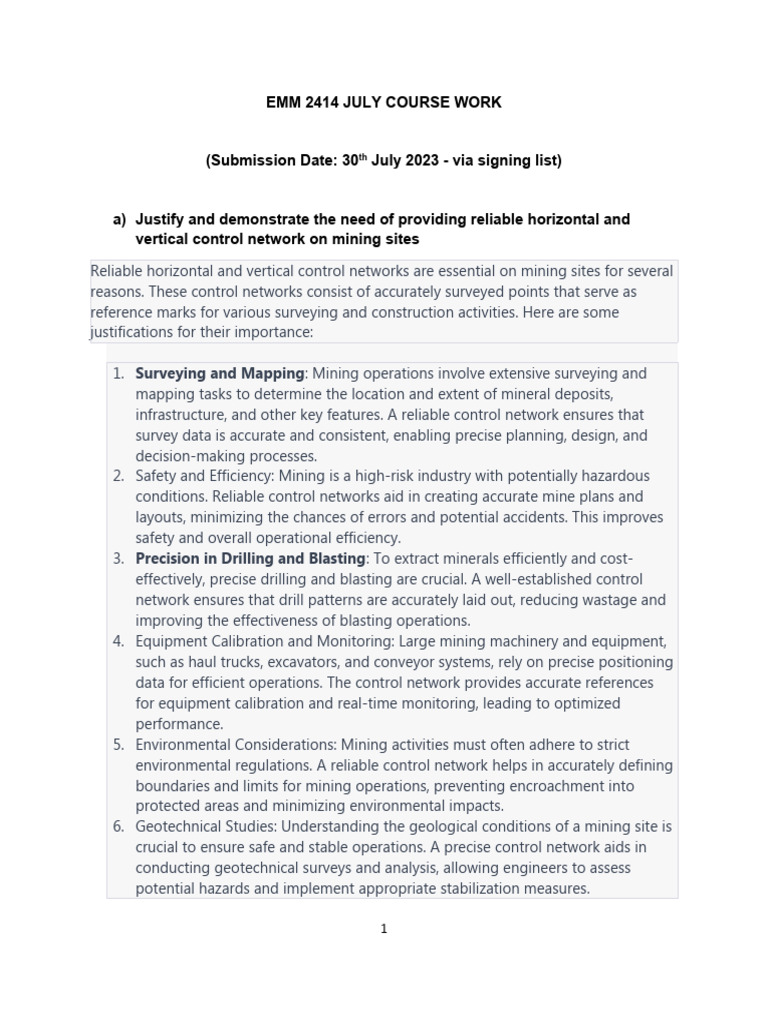 Emm 2414 July Course Work | PDF | Surveying | Mining