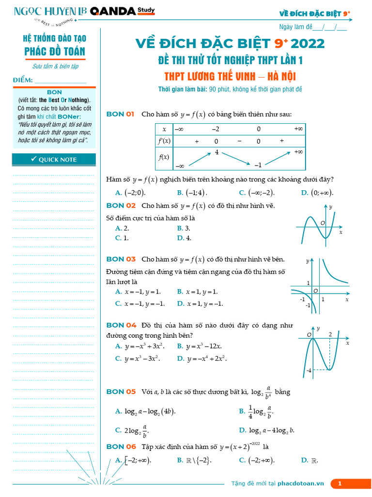 (Cô Ngọc Huyền LB) Đề Thi Thử TN THPTQG Năm Học 2021-2022 Trường THPT Lương Thế Vinh - Hà Nội ...