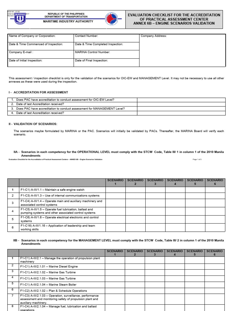 07 PAC Inspection Annex 6B ENGINE Scenarios 1 | PDF | Marine Propulsion | Engineering