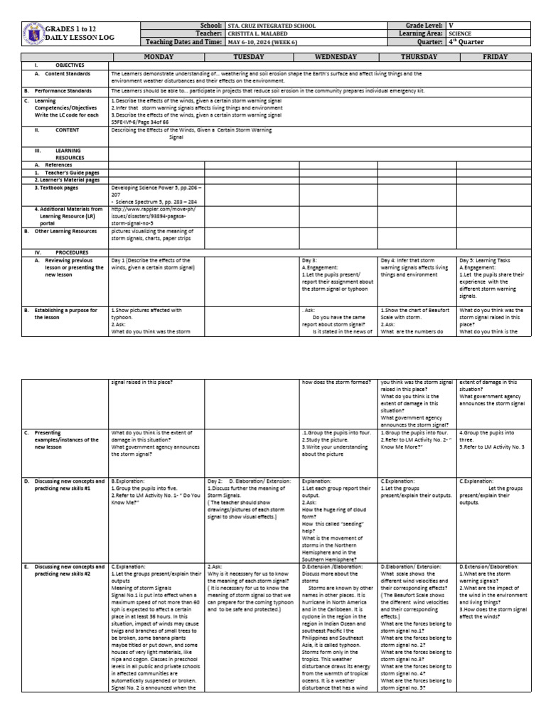 Grade 5 DLL SCIENCE 5 Q4 Week 6 | PDF | Tropical Cyclones | Wound