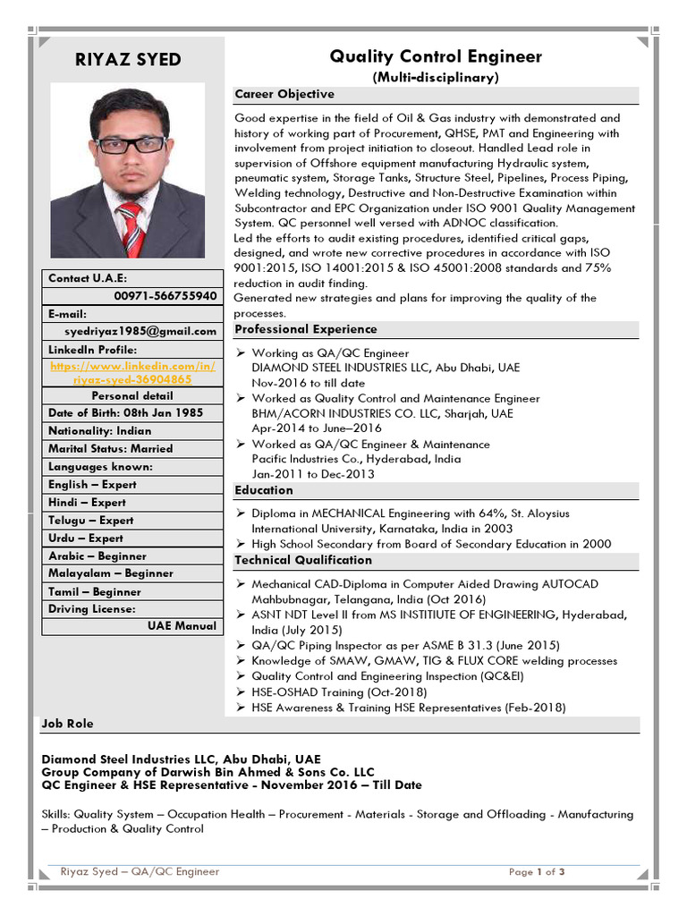 Resume Riyaz Syed | PDF | Nondestructive Testing | Welding
