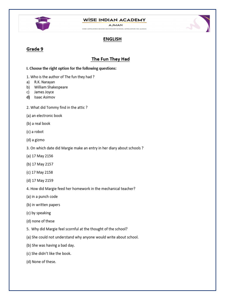 The Fun They Had: MCQs and Answers | PDF