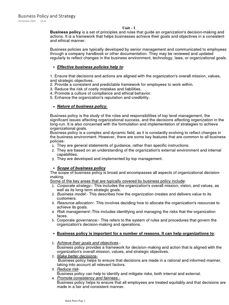 Business Policy and Strategic Planning Guide | PDF | Strategic ...