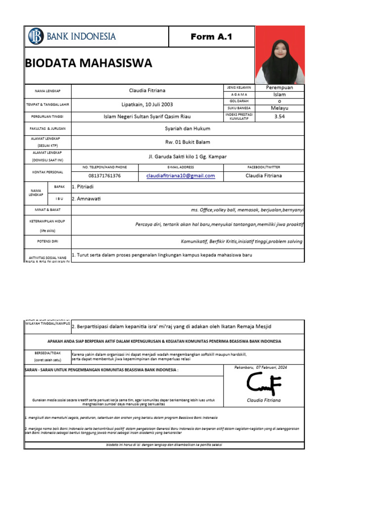 Form A.1 Biodata - Claudia Fitriana | PDF