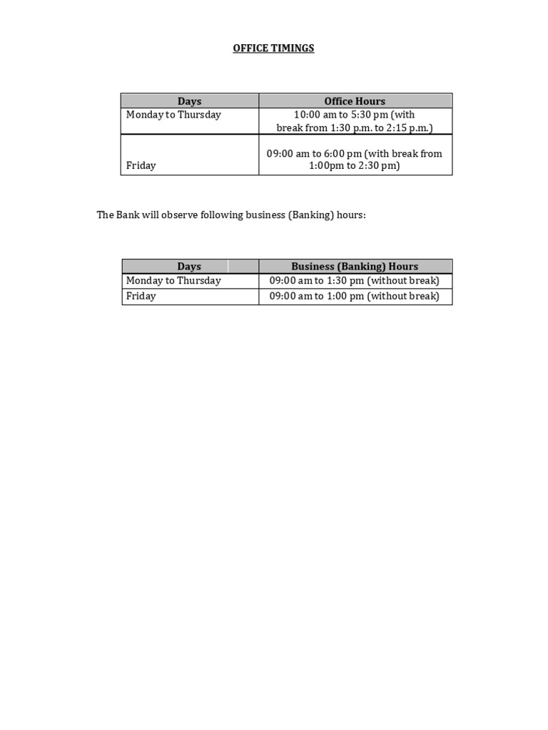 Office and Banking Hours Schedule | PDF