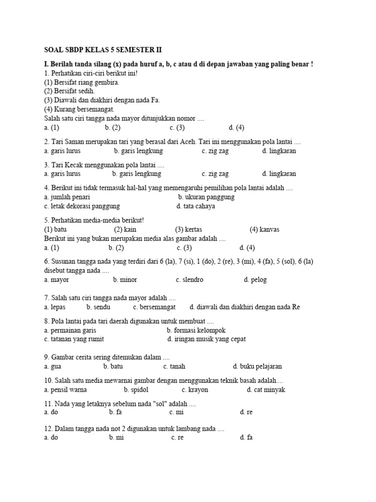 Soal Sbdp Kelas 5 Semester II | PDF Soal Sbdp Kelas 5 Semester II | PDF
