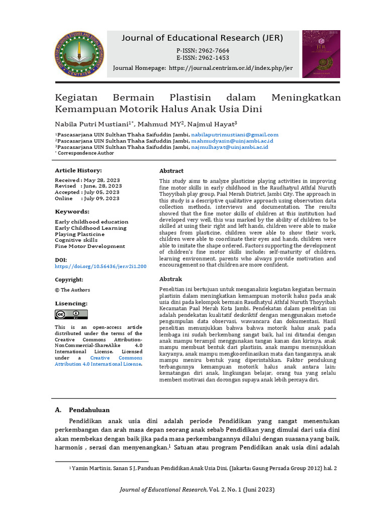 Kegiatan Bermain Plastisin Dalam Meningkatkan Kemampuan Motorik Halus Anak Usia Dini | PDF