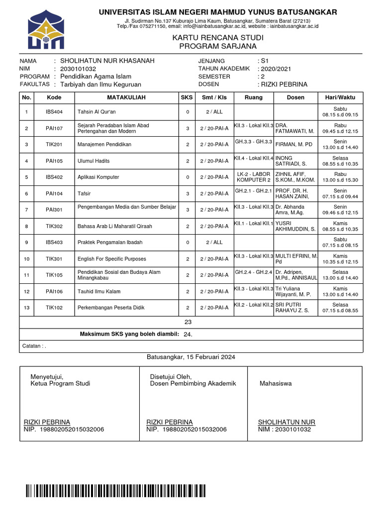 KRS Mahasiswa PAI Semester 2 | PDF