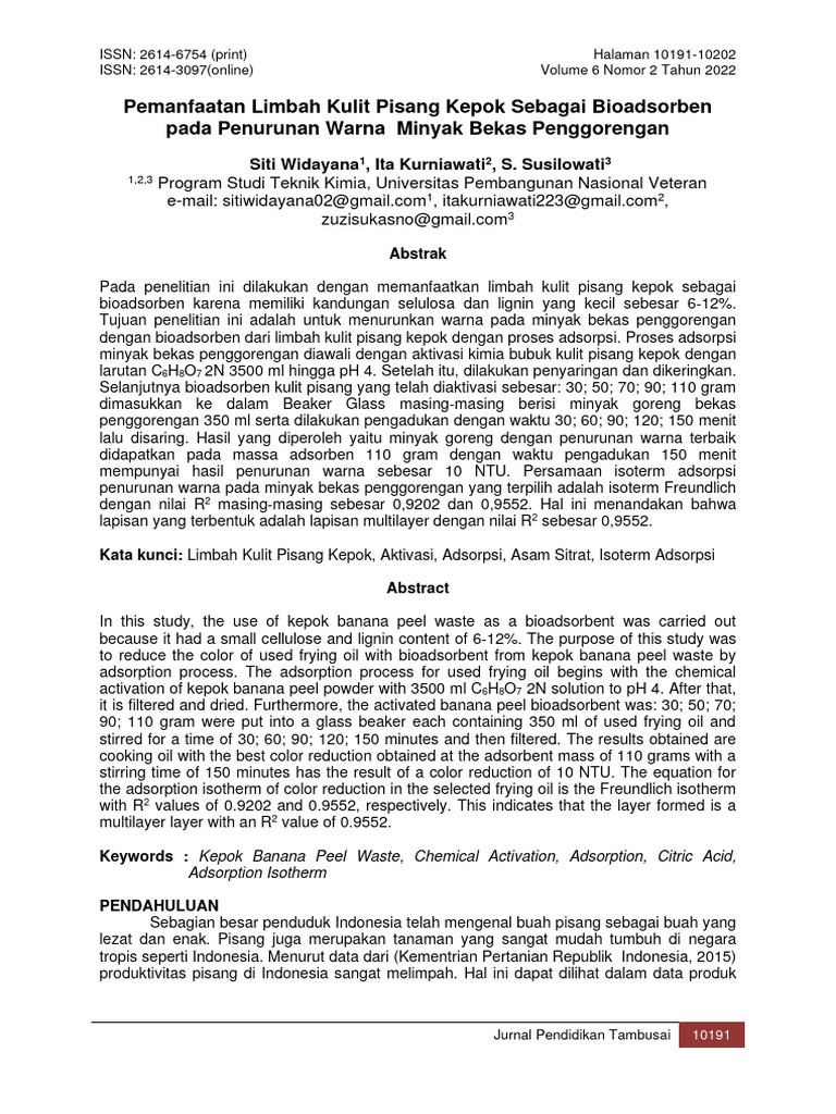 Artikel Pemanfaatan Limbah Kulit Pisang Kepok Sebagai Bioadsorben ...