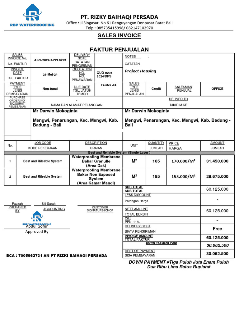 0223 Invoice DP MR Darwin Mokoginta Mengwi, Badung - Bali | PDF | Payments | Business Documents
