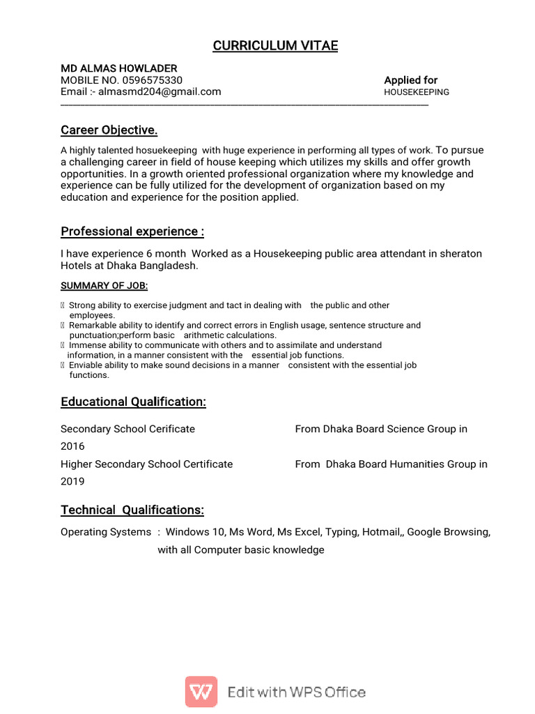 Almas CV HK | PDF | Housekeeping