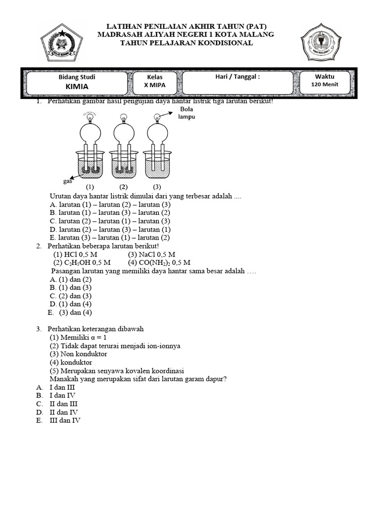 Soal Kumpulan Lat Kimia Pat 2024 | PDF | Sains & Matematika