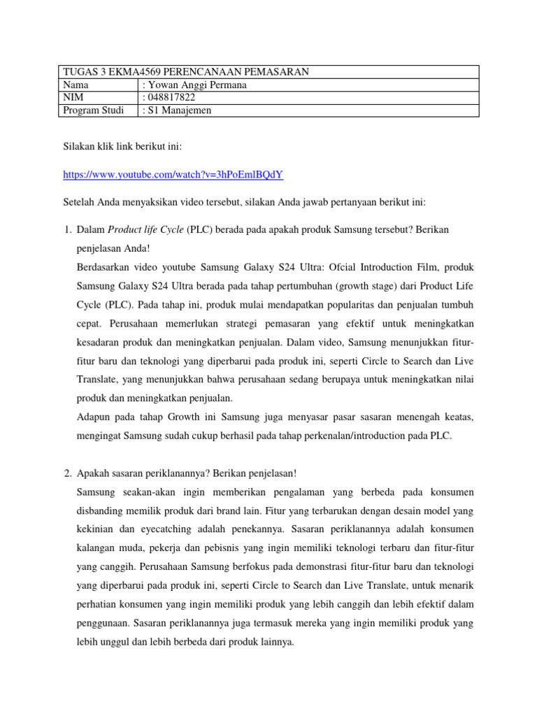 Tugas 3 Ekma4569 Perencanaan Pemasaran | PDF | Pengelolaan Keuangan & Uang