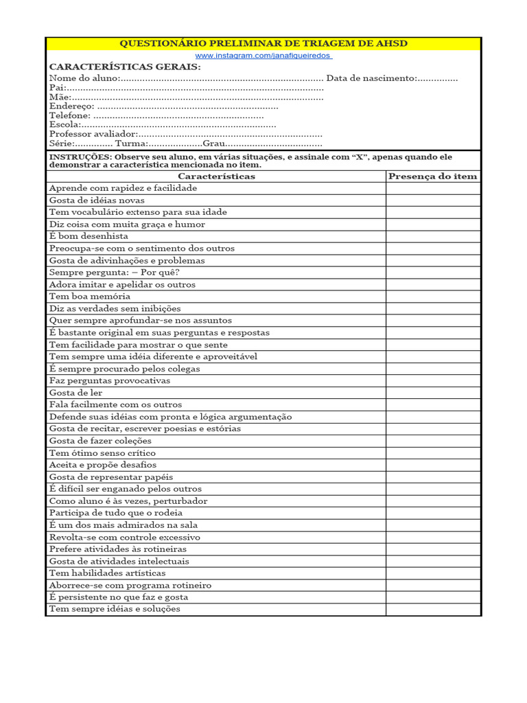 Questionário de Triagem e Características Ahsd - Questionário ...