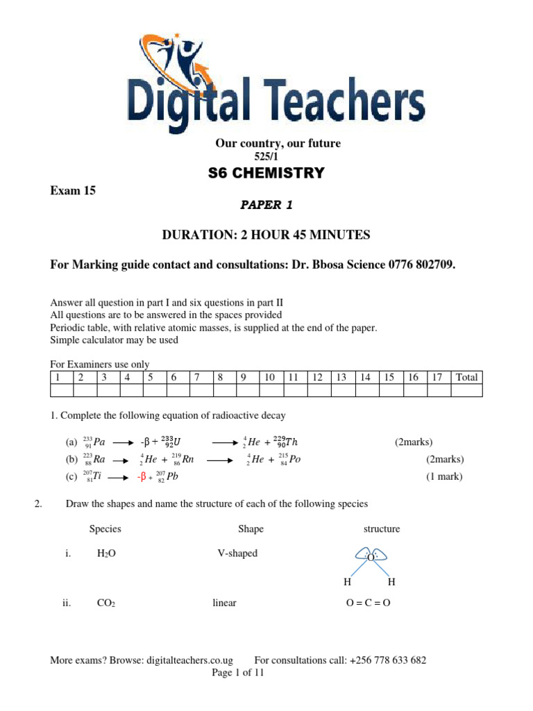 S6 Chemistry Exam Paper 1 | PDF | Chemistry | Chemical Substances