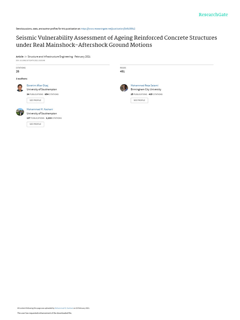 Seismic Vulnerability Assessment of Ageing Reinforced Concrete Structures under Real Mainshock ...