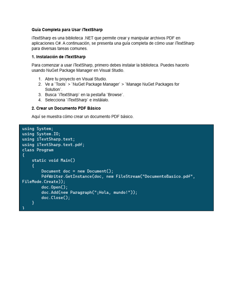 Guía Completa para Usar iTextSharp | PDF | C Sharp (lenguaje de ...