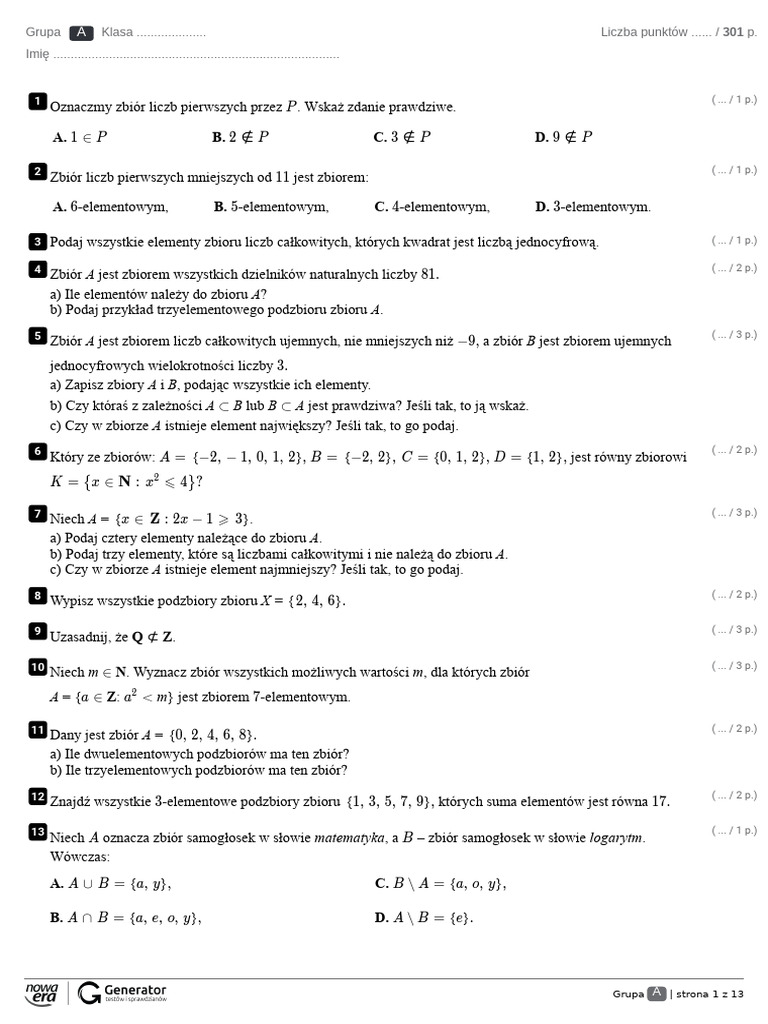JEZYK MATEMATYKI Test Z Widoczna Punktacja | PDF