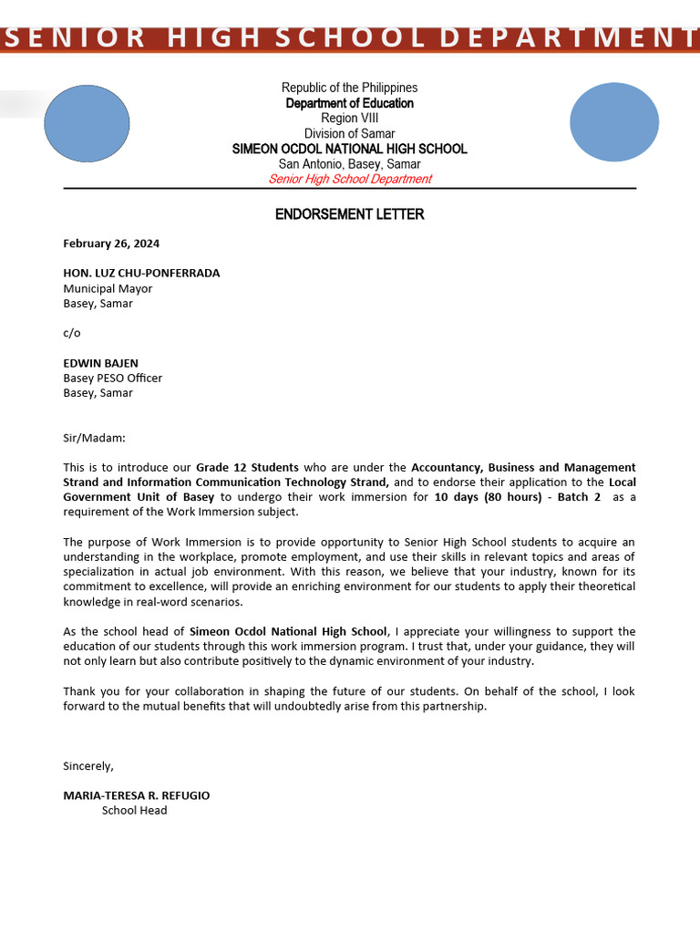 Endorsement Letter Sample | PDF | Cognition