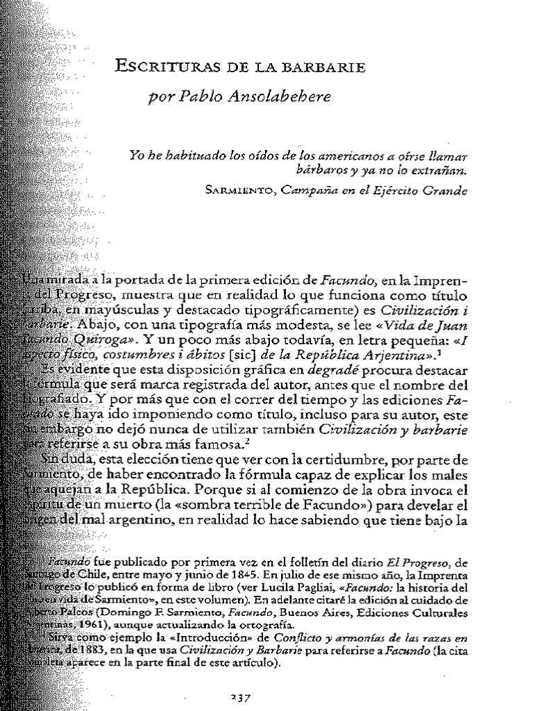 Pablo Ansolabehere - Escrituras de La Barbarie | PDF