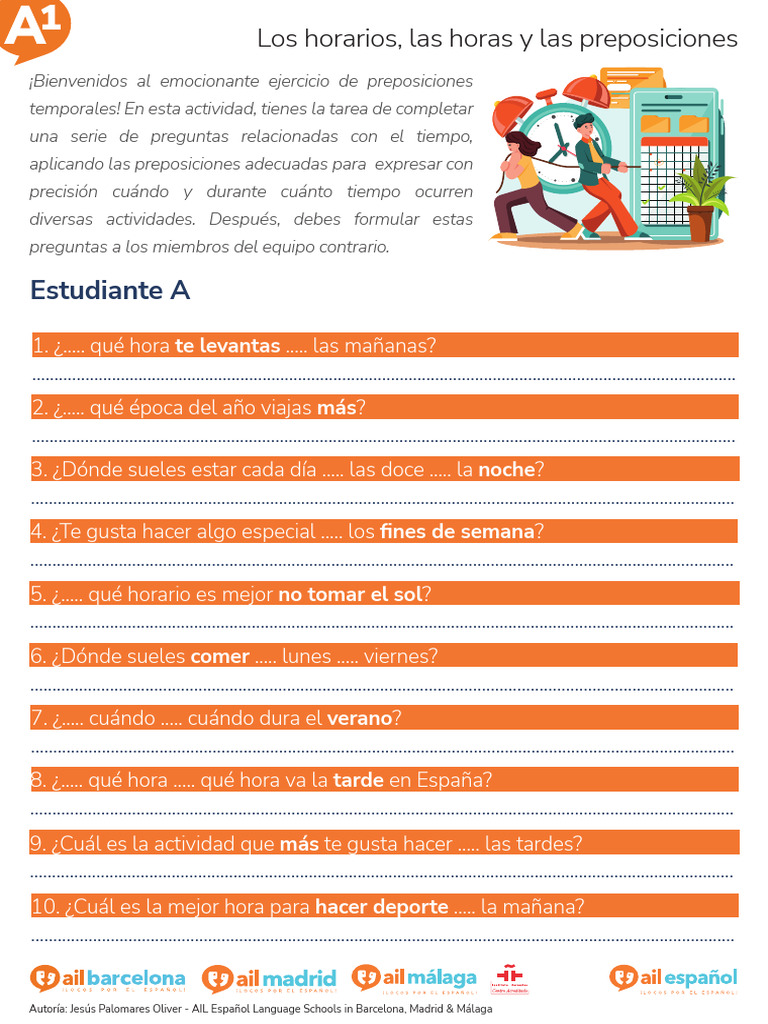 Ejercicio Espanol Horarios Horas Preposiciones | PDF | Arte